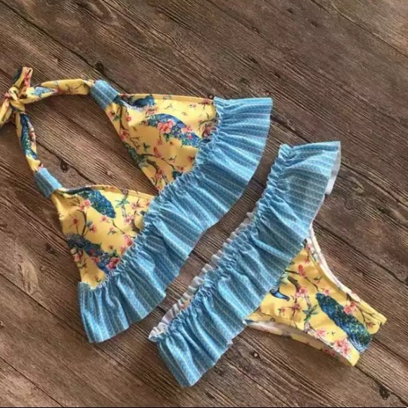 Swim | Yellow Blue Peacock Bird Ruffle Bikini | Poshmark